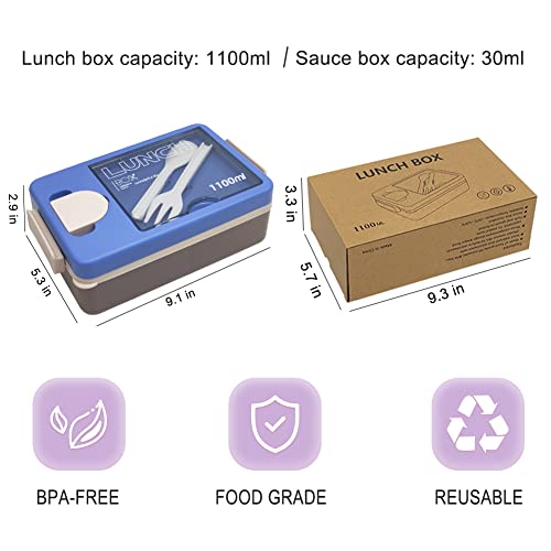 Bento Box For Adults, 3 Compartment Bento Box Lunch Box Leak Proof, Bento Box With Sauce Container, 1100ml Modern Bento Box With Utensils, BPA-Free/Microwave/Dishwasher Safe Bento Box