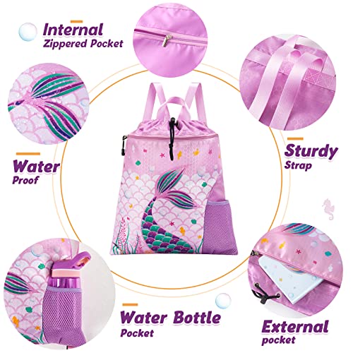 WAWSAM Mermaid Gym Drawstring Backpack String Bag - 15” × 17” Sports Gym Bag for Girls Kids Waterproof Swimming Beach Shopping Yoga Sackpack Birthday Gift with Zippered Pocket and Water Bottle Pocket