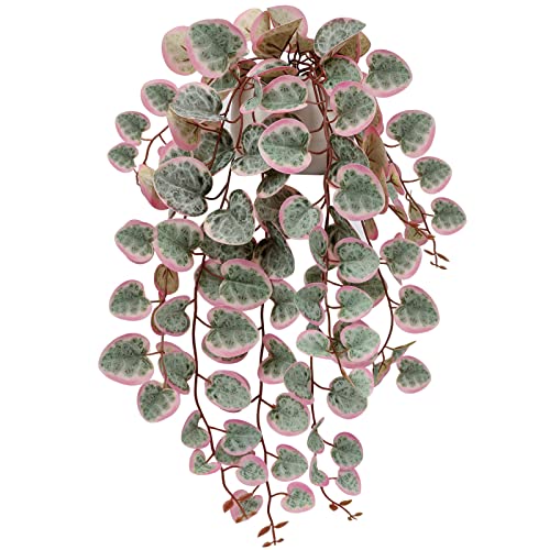 Briful Fake Plants 16'' Artificial String of Hearts Plants with Ceramic Pot Faux Pink White Ceropegia Woodii Succulent Plant for Home Bedroom Table Shelf Office Hotel Decor