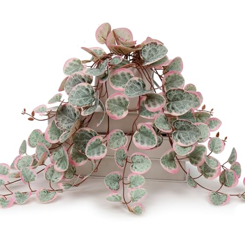 Briful Fake Plants 16'' Artificial String of Hearts Plants with Ceramic Pot Faux Pink White Ceropegia Woodii Succulent Plant for Home Bedroom Table Shelf Office Hotel Decor