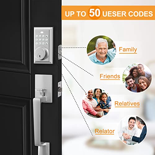 Natsukage Electronic Keypad Deadbolt, Keyless Entry Door Lock with Handle, Front Door Lock Set, Auto Lock, 1-Touch Locking, 50 User Codes, Low Battery Alert, Easy Installation， Satin Nickel