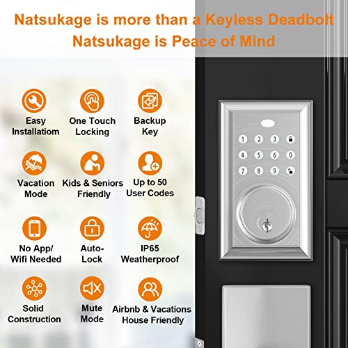 Natsukage Electronic Keypad Deadbolt, Keyless Entry Door Lock with Handle, Front Door Lock Set, Auto Lock, 1-Touch Locking, 50 User Codes, Low Battery Alert, Easy Installation， Satin Nickel