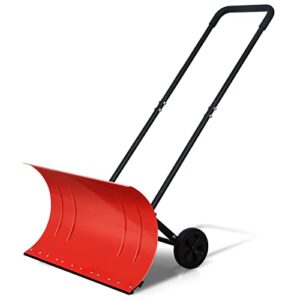 kiogro metal snow shovel, wheeled snow pusher shovel with adjustable handle 30-inch heavy duty blade snow removal for driveway, decks, sidewalks