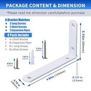 4 Pcs Shelf Bracket,5 Inch White Floating Shelf Bracket Heavy Duty Meta Walll L Bracket for Floating Shelf Bracket - Wall Mounted Support for DIY with Screws