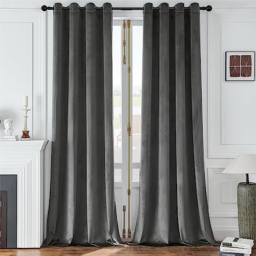 UlikTree Velvet Curtains Dark Grey 2 Pack - Soft Thickened Velvet Blackout Drapes with Grommet Top, Luxury Darkening Curtain Panels Window Deaor for Living Room Bedroom, W 52 x L 72 inch