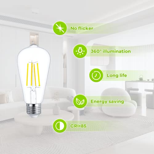 Kecoreay LED Edison Bulb 5000K Daylight White,7W 850Lum Light Bulbs 60 Watt Equivalent, E26 Standard Base Edison LED Bulbs,Antique ST58 Filament Light Bulb,High CRI 85+,Non Dimmable,6 Packs