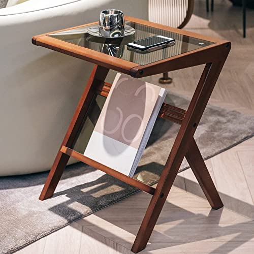 TZK Side Table Z Shape End Table with Tempered Glass Top, Solid Wood Modern Simplistic Style Coffee Table for Sofa Couch,Living Room,Bedroom(Walnut)