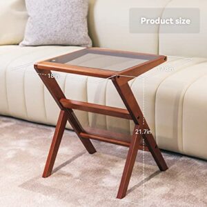 TZK Side Table Z Shape End Table with Tempered Glass Top, Solid Wood Modern Simplistic Style Coffee Table for Sofa Couch,Living Room,Bedroom(Walnut)