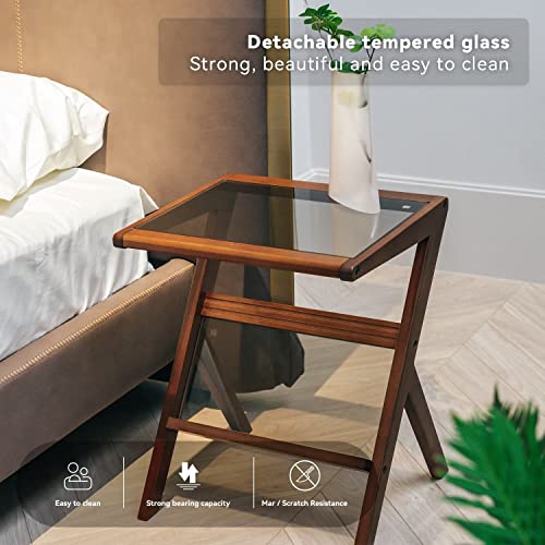 TZK Side Table Z Shape End Table with Tempered Glass Top, Solid Wood Modern Simplistic Style Coffee Table for Sofa Couch,Living Room,Bedroom(Walnut)