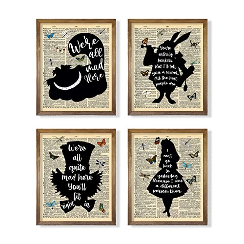 Cheshire Cat Mad Hatter White Rabbit - Alice in Wonderland Wall Art Decor - Alice Inspirational Saying Quote Poster Print - Motivational Wall Art for Alice Fans - Affirmation Gift for Women Teen Girl