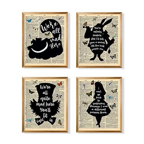 Cheshire Cat Mad Hatter White Rabbit - Alice in Wonderland Wall Art Decor - Alice Inspirational Saying Quote Poster Print - Motivational Wall Art for Alice Fans - Affirmation Gift for Women Teen Girl