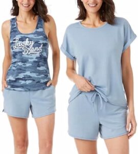 lucky brand women's 3 piece pajama lounge set, tee, tank, & short (as1, alpha, s, regular, regular, faded denim, small)