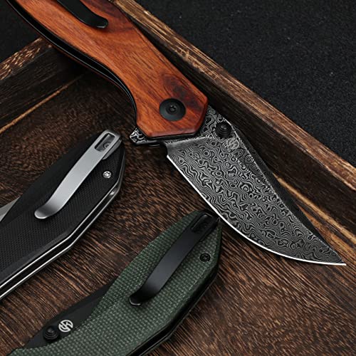 CIVIVI ODD 22 Pocket Knife for EDC, Tuffknives 2.97 inch Damascus Blade Cuibourtia Wood Handle with Thumb Stud and Reversible Pocket Clip, Folding Knife for Utility Hiking Camping Fishing Work Outdoor C21032-DS1