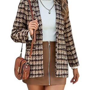 MEROKEETY Women's Long Sleeve Notch Lapel Fashion Plaid Jacket Coat Open Front Pockets Blazer Suit, Brown, L