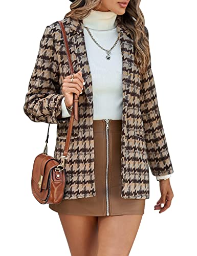 MEROKEETY Women's Long Sleeve Notch Lapel Fashion Plaid Jacket Coat Open Front Pockets Blazer Suit, Brown, L