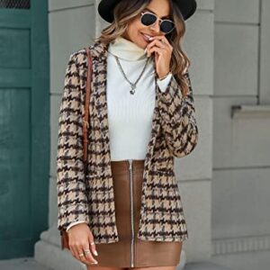 MEROKEETY Women's Long Sleeve Notch Lapel Fashion Plaid Jacket Coat Open Front Pockets Blazer Suit, Brown, L