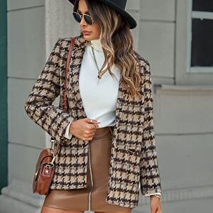 MEROKEETY Women's Long Sleeve Notch Lapel Fashion Plaid Jacket Coat Open Front Pockets Blazer Suit, Brown, L