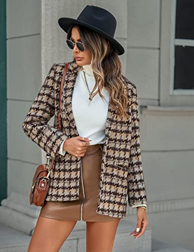 MEROKEETY Women's Long Sleeve Notch Lapel Fashion Plaid Jacket Coat Open Front Pockets Blazer Suit, Brown, L