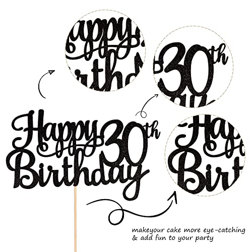 1 PCS Happy 30th Birthday Cake Topper Glitter Cheers to 30 Years Birthday Cake Pick 30 Fabulous Cake Decoration for Happy 30th Birthday Anniversary Party Decorations Supplies Black