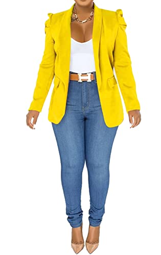 Womens Casual Blazers Open Front Puff Long Sleeve Lapel Work Office Blazers Bussiness Jackets Suit Coat Yellow XX-Large