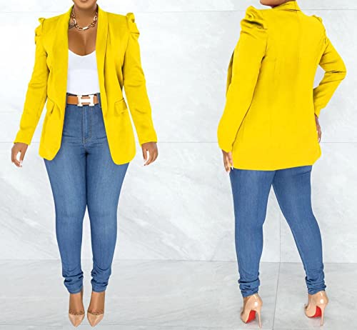 Womens Casual Blazers Open Front Puff Long Sleeve Lapel Work Office Blazers Bussiness Jackets Suit Coat Yellow XX-Large