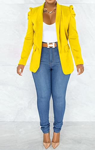 Womens Casual Blazers Open Front Puff Long Sleeve Lapel Work Office Blazers Bussiness Jackets Suit Coat Yellow XX-Large