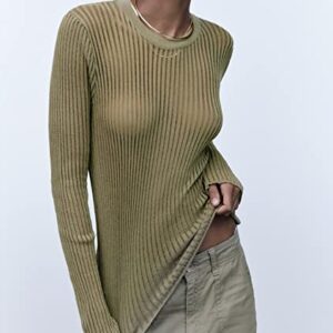 SAFRISIOR Women Sexy See Through Long Sleeve T-Shirts Mesh Sheer Skinny Rib Scalloped Trim Tees Blouse Top Outfits Khaki