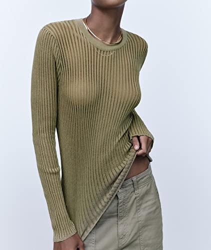 SAFRISIOR Women Sexy See Through Long Sleeve T-Shirts Mesh Sheer Skinny Rib Scalloped Trim Tees Blouse Top Outfits Khaki