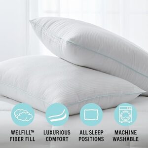 MARTHA STEWART Down Alternative Bed Queen Pillows Set Of 2, Cooling Hotel Pillow, Memory Foam-Like Fiber Fill, Premium Side Sleeper Dorm Pillows For Adults, Pressure Relieving, Dobby Stripe, White