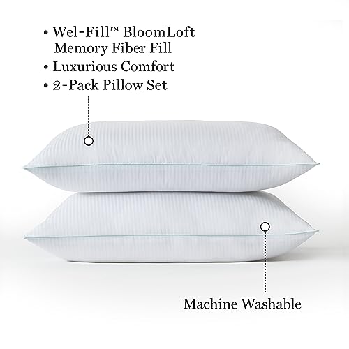 MARTHA STEWART Down Alternative Bed Queen Pillows Set Of 2, Cooling Hotel Pillow, Memory Foam-Like Fiber Fill, Premium Side Sleeper Dorm Pillows For Adults, Pressure Relieving, Dobby Stripe, White