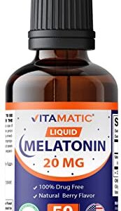 Vitamatic 2 Packs Melatonin 20mg Liquid Drops - 2 Fluid Ounce (59ml) - Natural Berry Flavor - for Adults - Non-GMO - Vegetarian Supplement