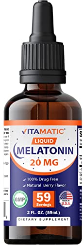 Vitamatic 2 Packs Melatonin 20mg Liquid Drops - 2 Fluid Ounce (59ml) - Natural Berry Flavor - for Adults - Non-GMO - Vegetarian Supplement