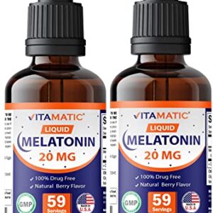 Vitamatic 2 Packs Melatonin 20mg Liquid Drops - 2 Fluid Ounce (59ml) - Natural Berry Flavor - for Adults - Non-GMO - Vegetarian Supplement