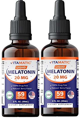 Vitamatic 2 Packs Melatonin 20mg Liquid Drops - 2 Fluid Ounce (59ml) - Natural Berry Flavor - for Adults - Non-GMO - Vegetarian Supplement