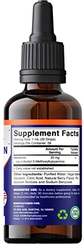 Vitamatic 2 Packs Melatonin 20mg Liquid Drops - 2 Fluid Ounce (59ml) - Natural Berry Flavor - for Adults - Non-GMO - Vegetarian Supplement