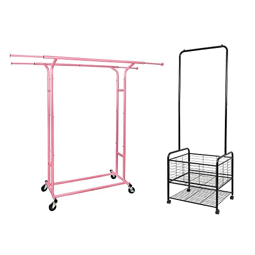 Fishat Pink Heavy Duty Double Rod Garment Rack & Laundry Hamper Butler Cart Basket