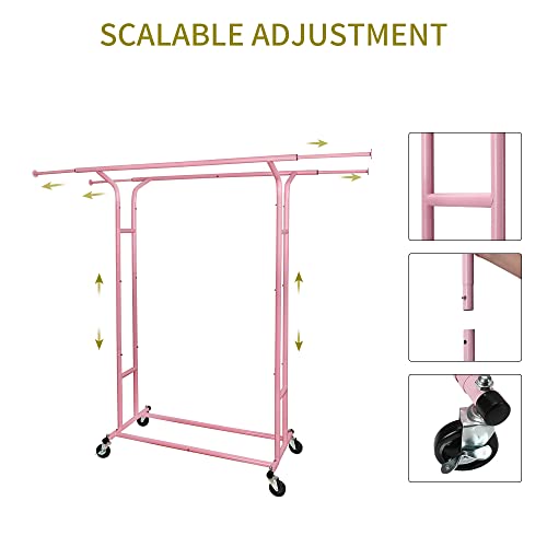 Fishat Pink Heavy Duty Double Rod Garment Rack & Laundry Hamper Butler Cart Basket