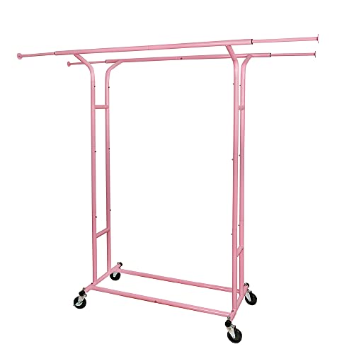 Fishat Pink Heavy Duty Double Rod Garment Rack & Laundry Hamper Butler Cart Basket