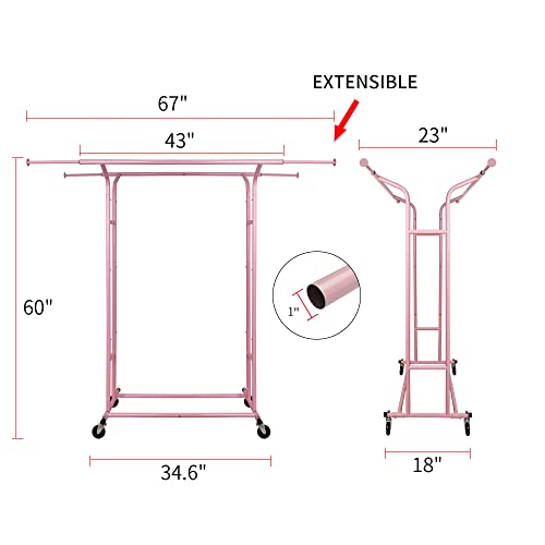 Fishat Pink Heavy Duty Double Rod Garment Rack & Laundry Hamper Butler Cart Basket