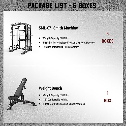 MAJOR LUTIE Smith Machine with Weight Bench, SML07 1600lbs Power Cage with Weight Bar and Two LAT Pull-Down Systems and Cable Crossover Machine, Exercise Machine Attachment Black (2023 Upgrade)