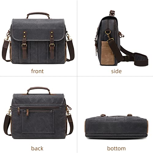 BOVIP 15.6 inches Vintage Mens Messenger Bag Water Resistant Genuine Leather Canvas Satchel Shoulder Bag Briefcase Laptop Bag with USB Charging,Headset Port,Dark Gray