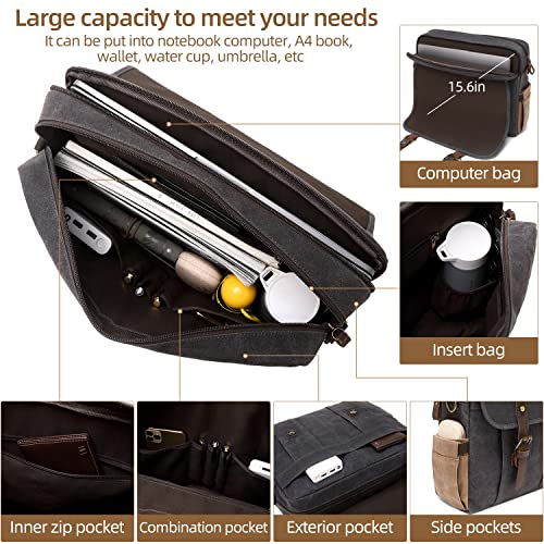 BOVIP 15.6 inches Vintage Mens Messenger Bag Water Resistant Genuine Leather Canvas Satchel Shoulder Bag Briefcase Laptop Bag with USB Charging,Headset Port,Dark Gray