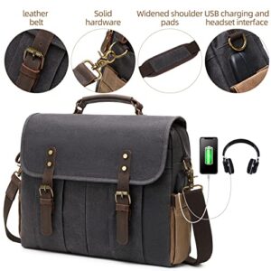 BOVIP 15.6 inches Vintage Mens Messenger Bag Water Resistant Genuine Leather Canvas Satchel Shoulder Bag Briefcase Laptop Bag with USB Charging,Headset Port,Dark Gray