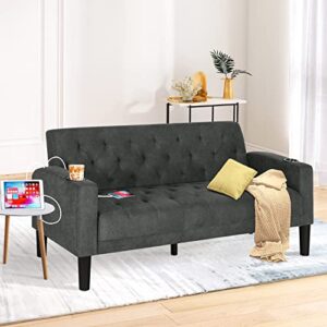 VAMEPOLE Sofa Couch, 62" Small Loveseat Couches w/2 USB Charger Ports & 2 Cup Holders for Living Room Furniture, Tufted Upholstered Comfortable Love Seat, Small Couches for Small Spaces (Dark Grey)