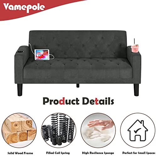 VAMEPOLE Sofa Couch, 62" Small Loveseat Couches w/2 USB Charger Ports & 2 Cup Holders for Living Room Furniture, Tufted Upholstered Comfortable Love Seat, Small Couches for Small Spaces (Dark Grey)