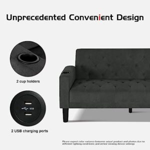 VAMEPOLE Sofa Couch, 62" Small Loveseat Couches w/2 USB Charger Ports & 2 Cup Holders for Living Room Furniture, Tufted Upholstered Comfortable Love Seat, Small Couches for Small Spaces (Dark Grey)