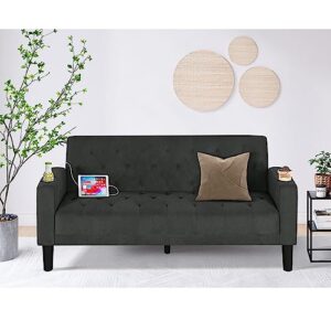 VAMEPOLE Sofa Couch, 62" Small Loveseat Couches w/2 USB Charger Ports & 2 Cup Holders for Living Room Furniture, Tufted Upholstered Comfortable Love Seat, Small Couches for Small Spaces (Dark Grey)