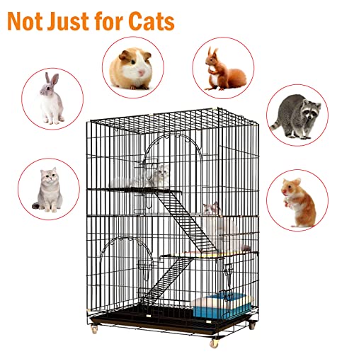 Goyappin Foldable Cat Cage, 46 Inch 3-Tier Large Kennel Enclosure with 4 Wheels, 2 Doors, 2 Ladders, 1 Hammock, 1 Pumpkin Nest, 1 Tray, Indoor Outdoor Pet Playpen