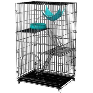 goyappin foldable cat cage, 46 inch 3-tier large kennel enclosure with 4 wheels, 2 doors, 2 ladders, 1 hammock, 1 pumpkin nest, 1 tray, indoor outdoor pet playpen