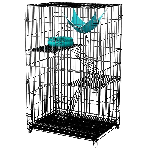 Goyappin Foldable Cat Cage, 46 Inch 3-Tier Large Kennel Enclosure with 4 Wheels, 2 Doors, 2 Ladders, 1 Hammock, 1 Pumpkin Nest, 1 Tray, Indoor Outdoor Pet Playpen